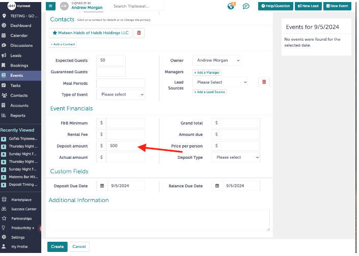 Event Deposit in TripleSeat